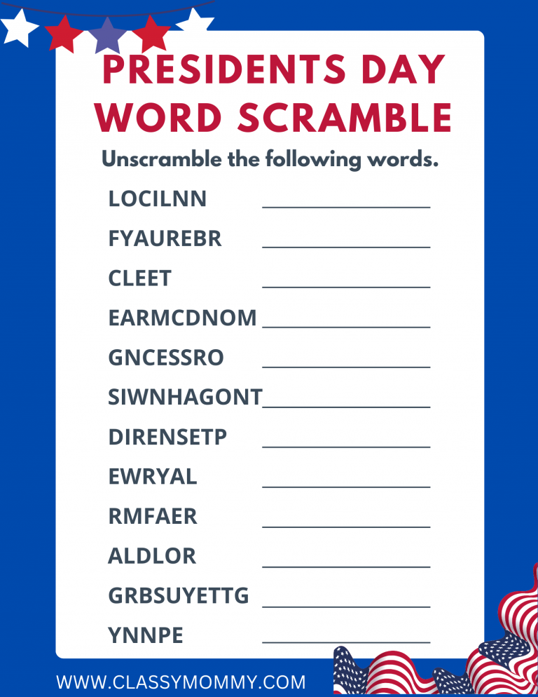 Free Printable Presidents Day Word Scramble - Classy Mommy